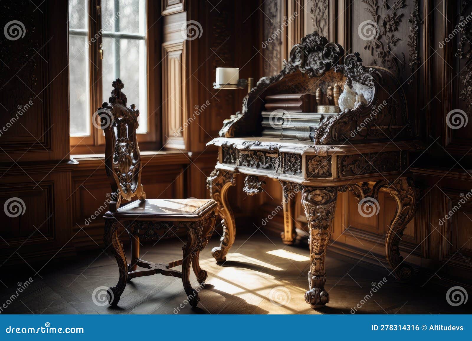 Baroque Study, with Ornate Wooden Desk and Scrollwork Chair Stock ...