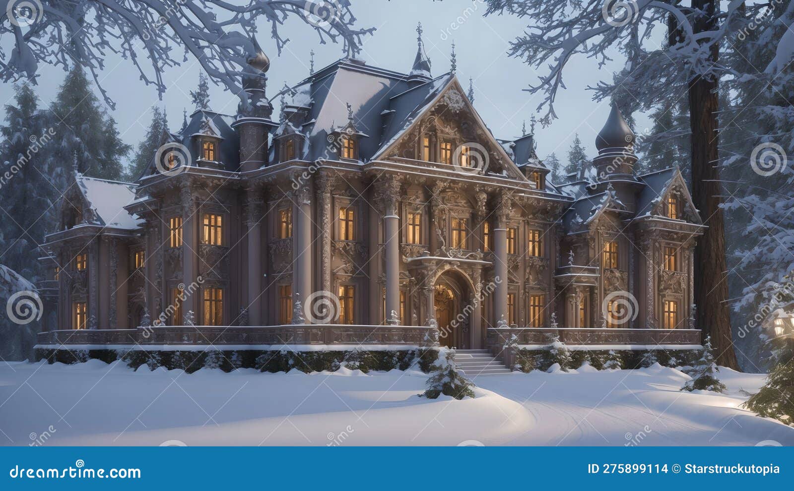 Baroque Style Mansion in the Snowy Forest Stock Illustration ...