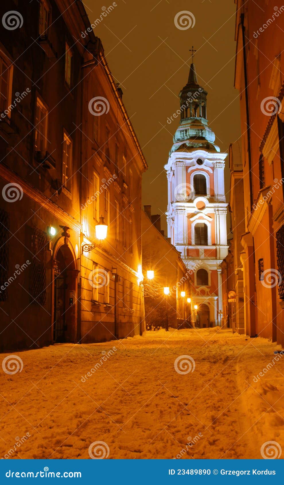 Baroque Tower of Church in Poznan by Night Stock Photo - Image of night ...