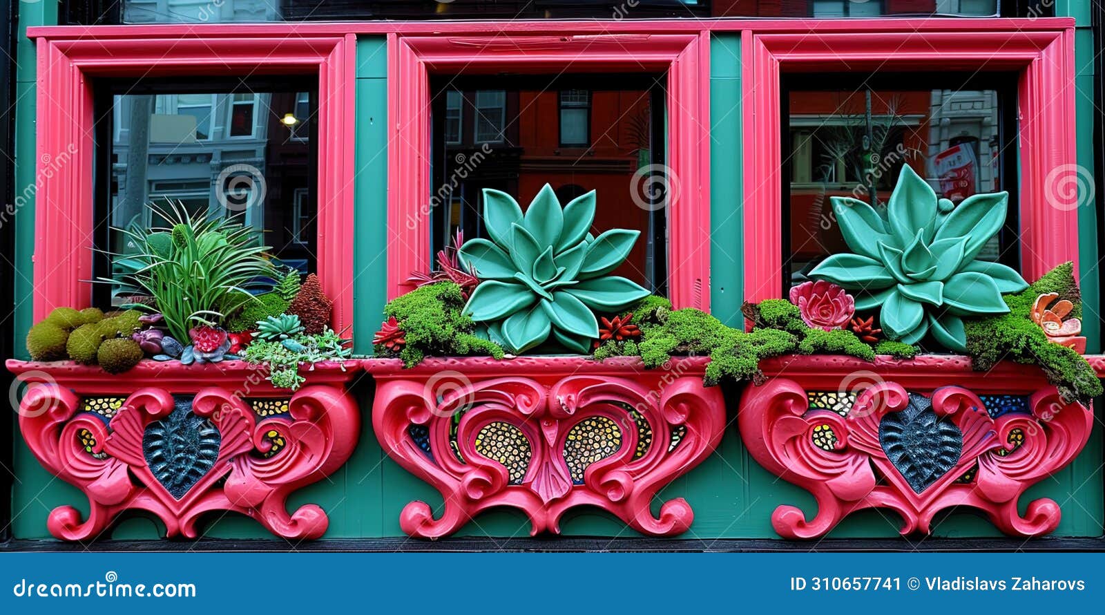 Baroque Windows with Massive Frames and Carved Cornices, Decorated with ...