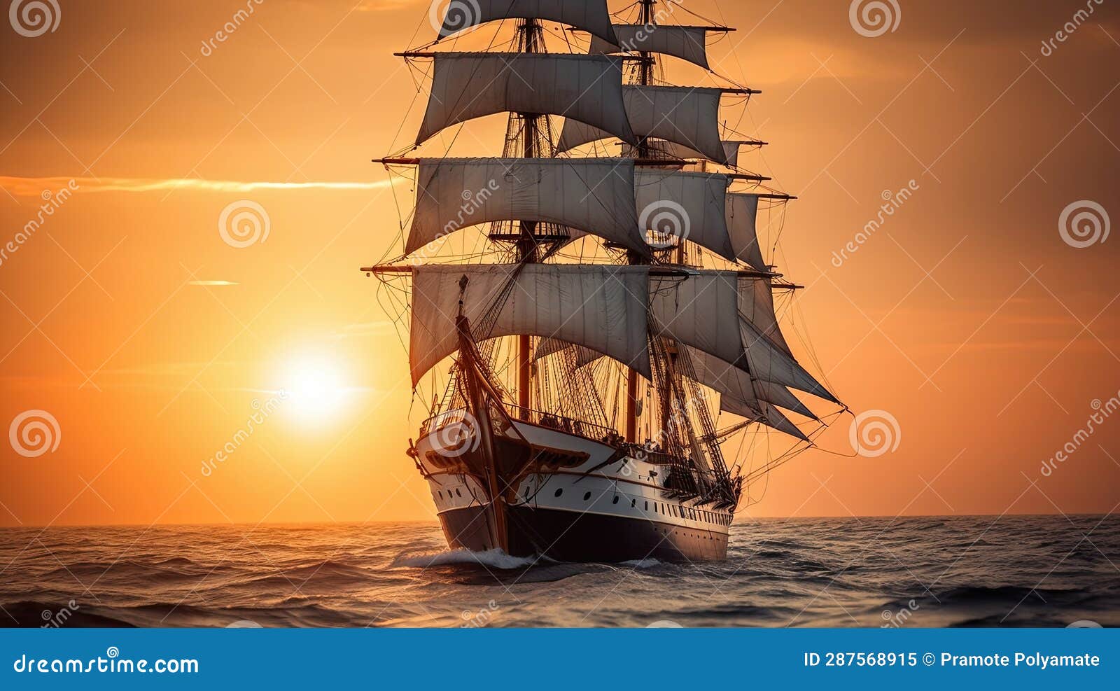 Barque Ship in the Ocean at Sunset. Generative Ai Stock Illustration ...