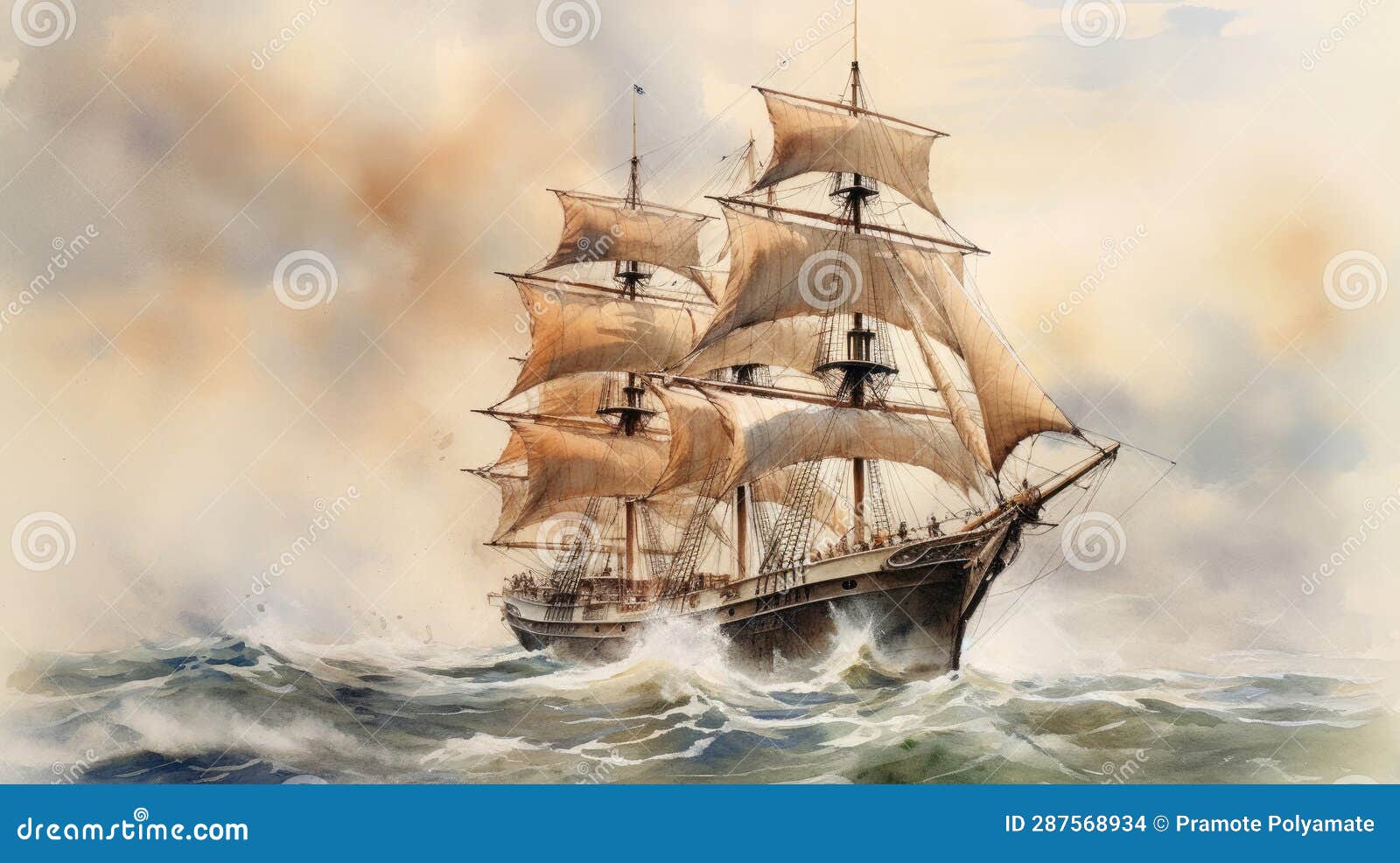 Barque Ship Painted in the Ocean by Watercolor. Generative Ai Stock ...