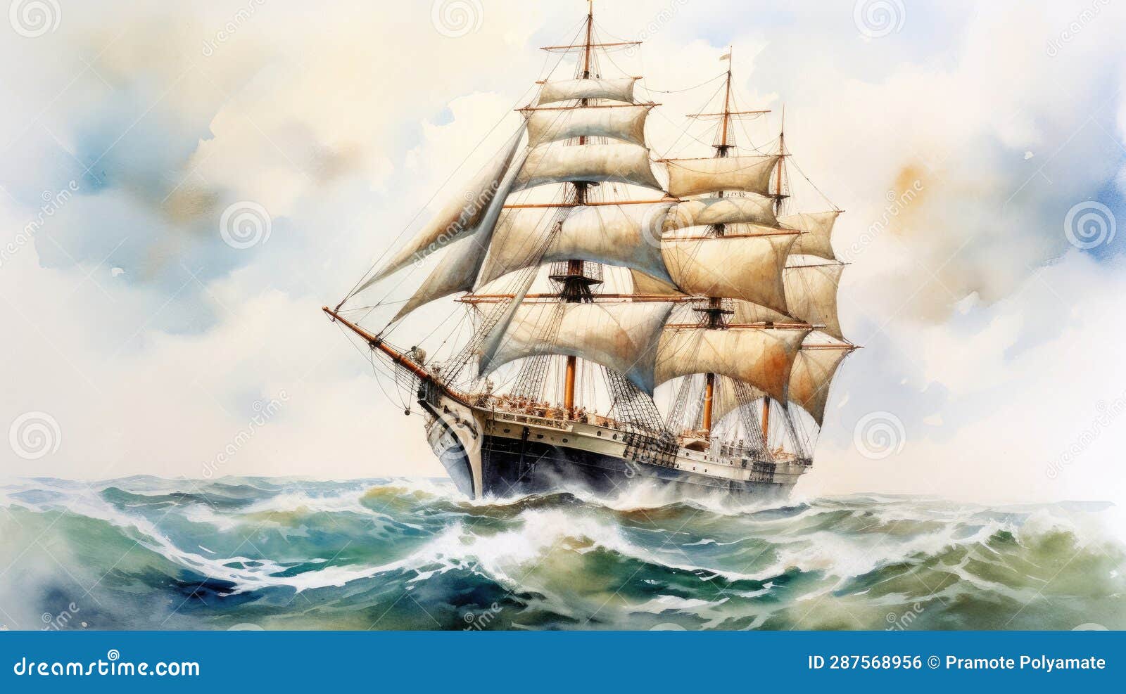 Barque Ship Painted in the Ocean by Watercolor. Generative Ai Stock ...