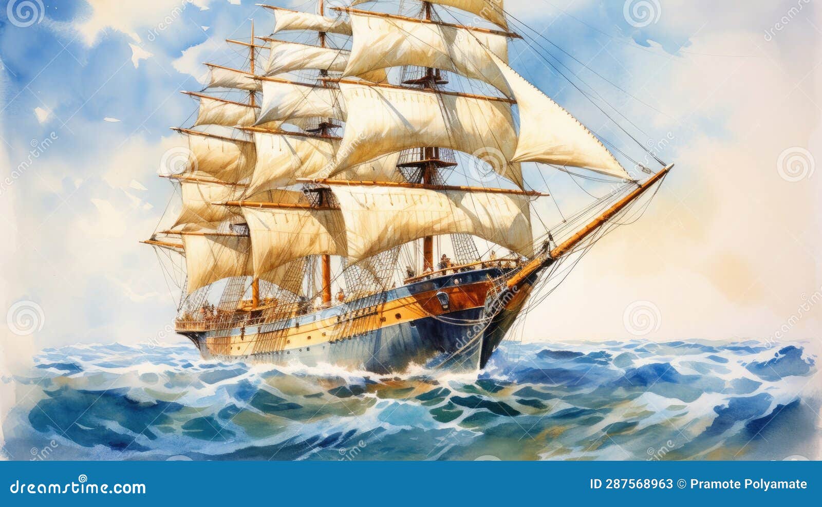 Barque Ship Painted in the Ocean by Watercolor. Generative Ai Stock ...