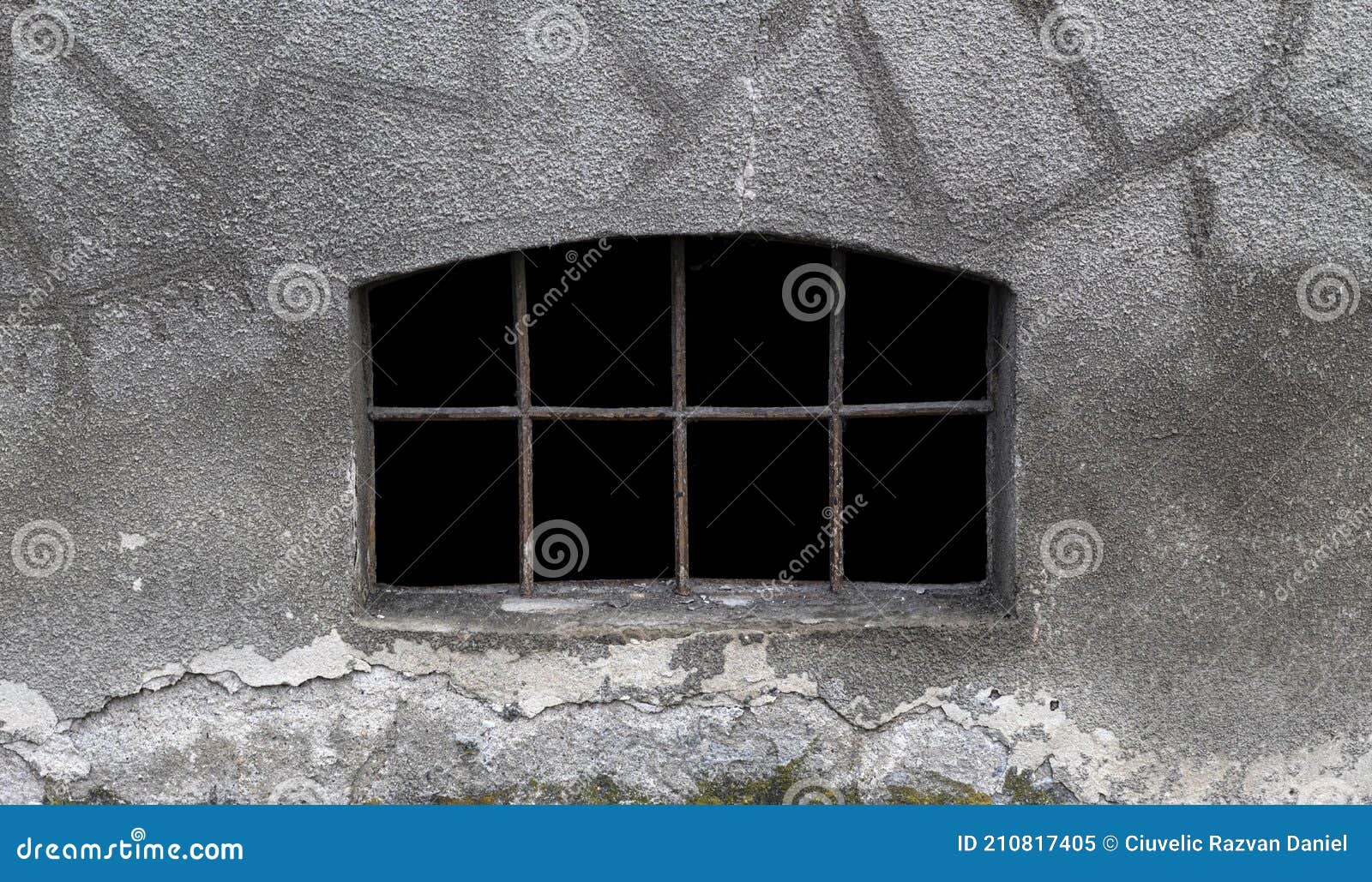 A Barred Window on a Building with a Damaged Facade Stock Image - Image ...