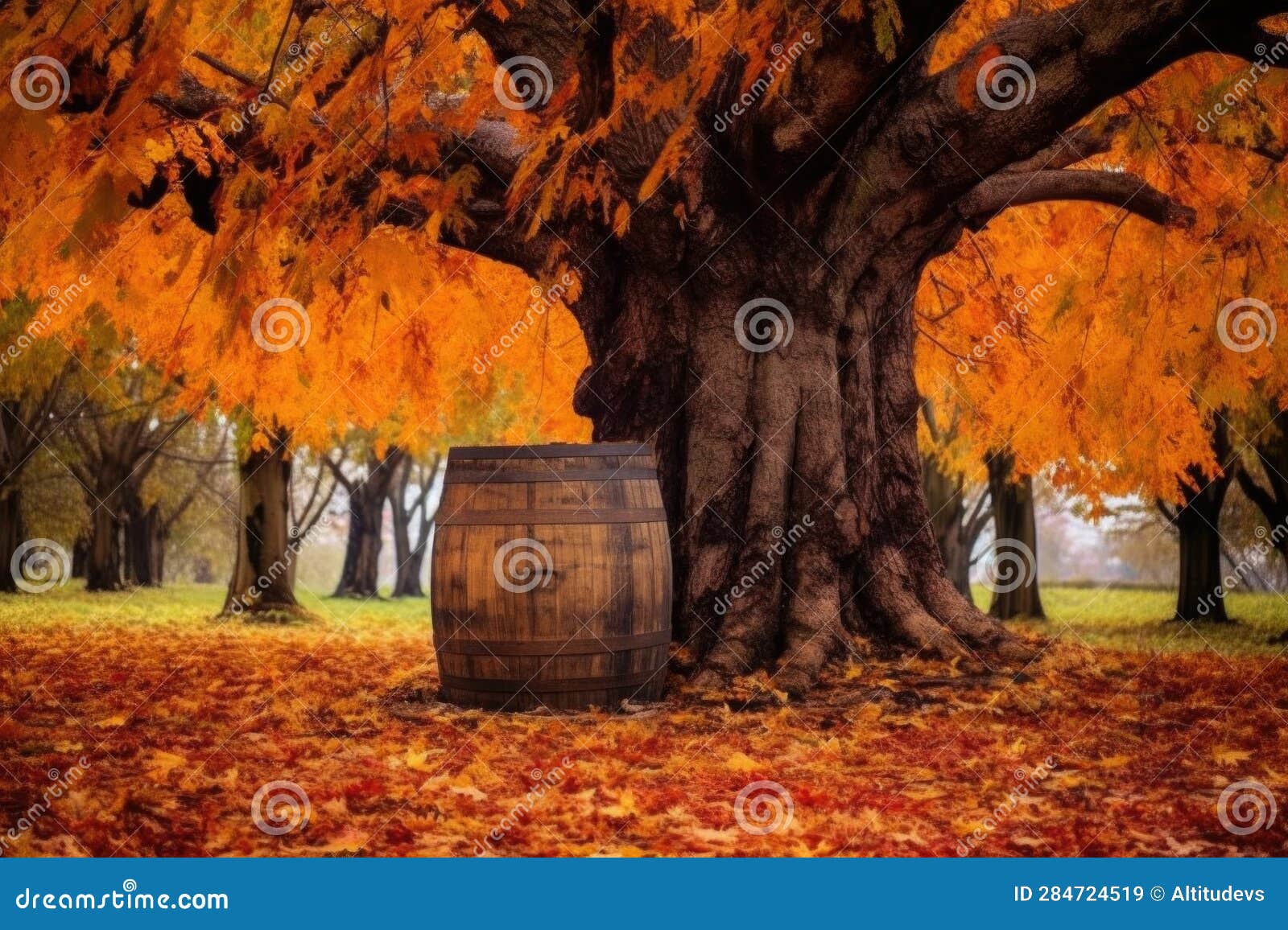 Barrel Under a Tree, Surrounded by Autumn Leaves Stock Illustration ...