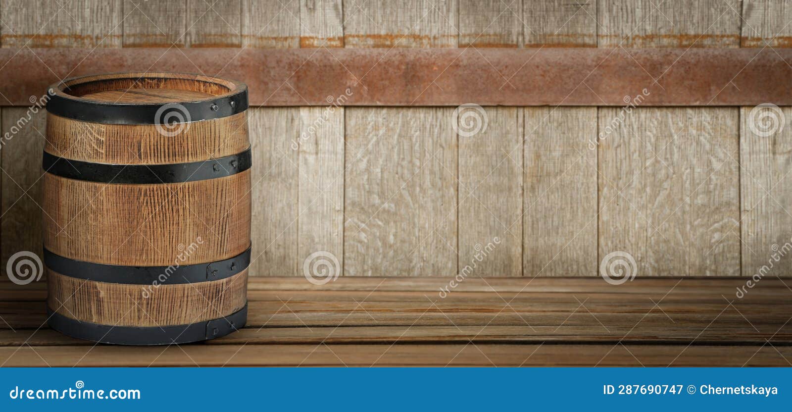 Barrel on Wooden Background, Space for Text. Banner Design Stock ...