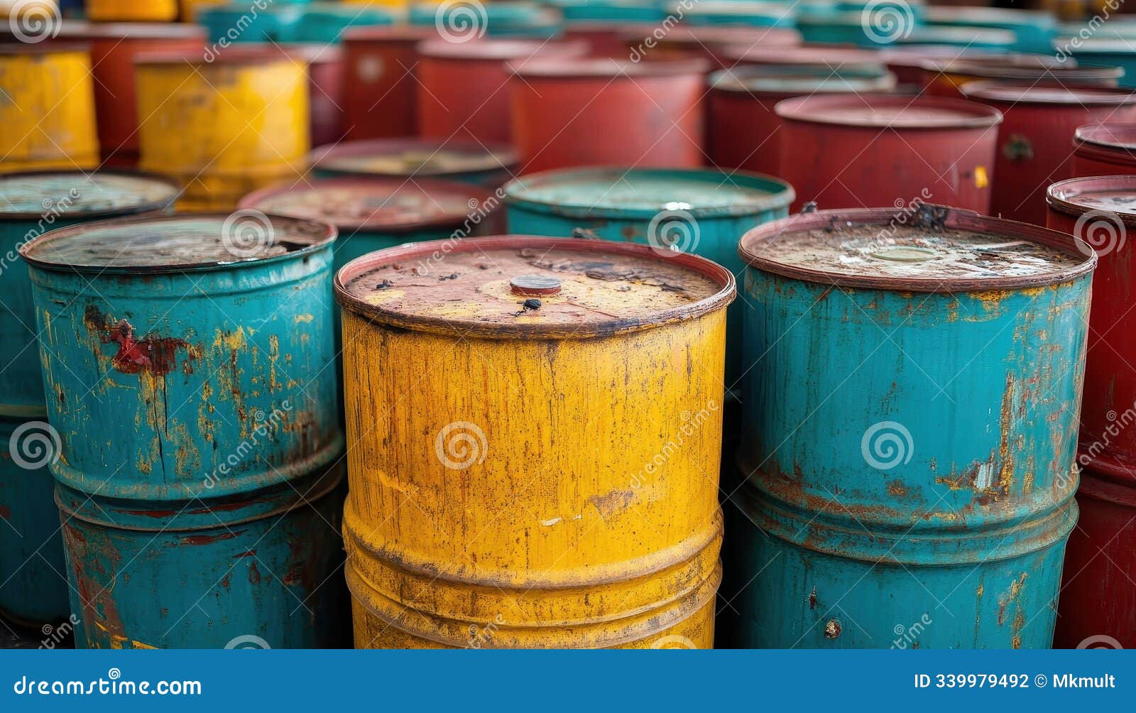 Barrels in Various Colors Stand in Rows, Representing Chemical Waste ...