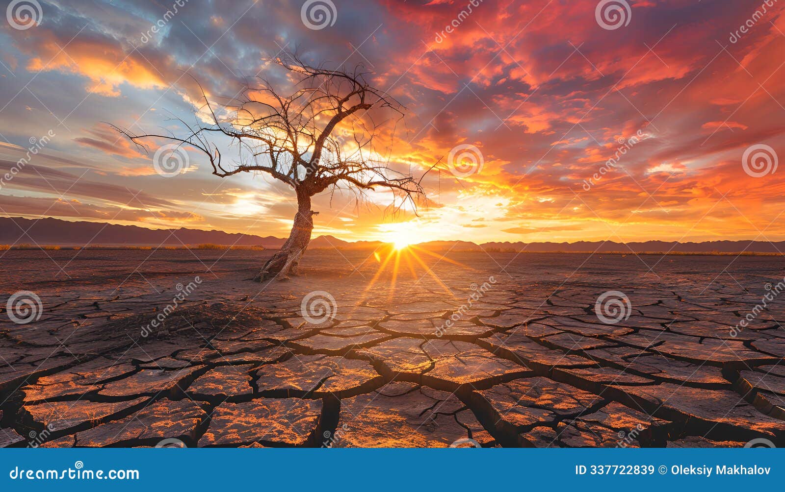 Barren Desert Scene with Cracked Earth, Tree in Sunset Stock ...
