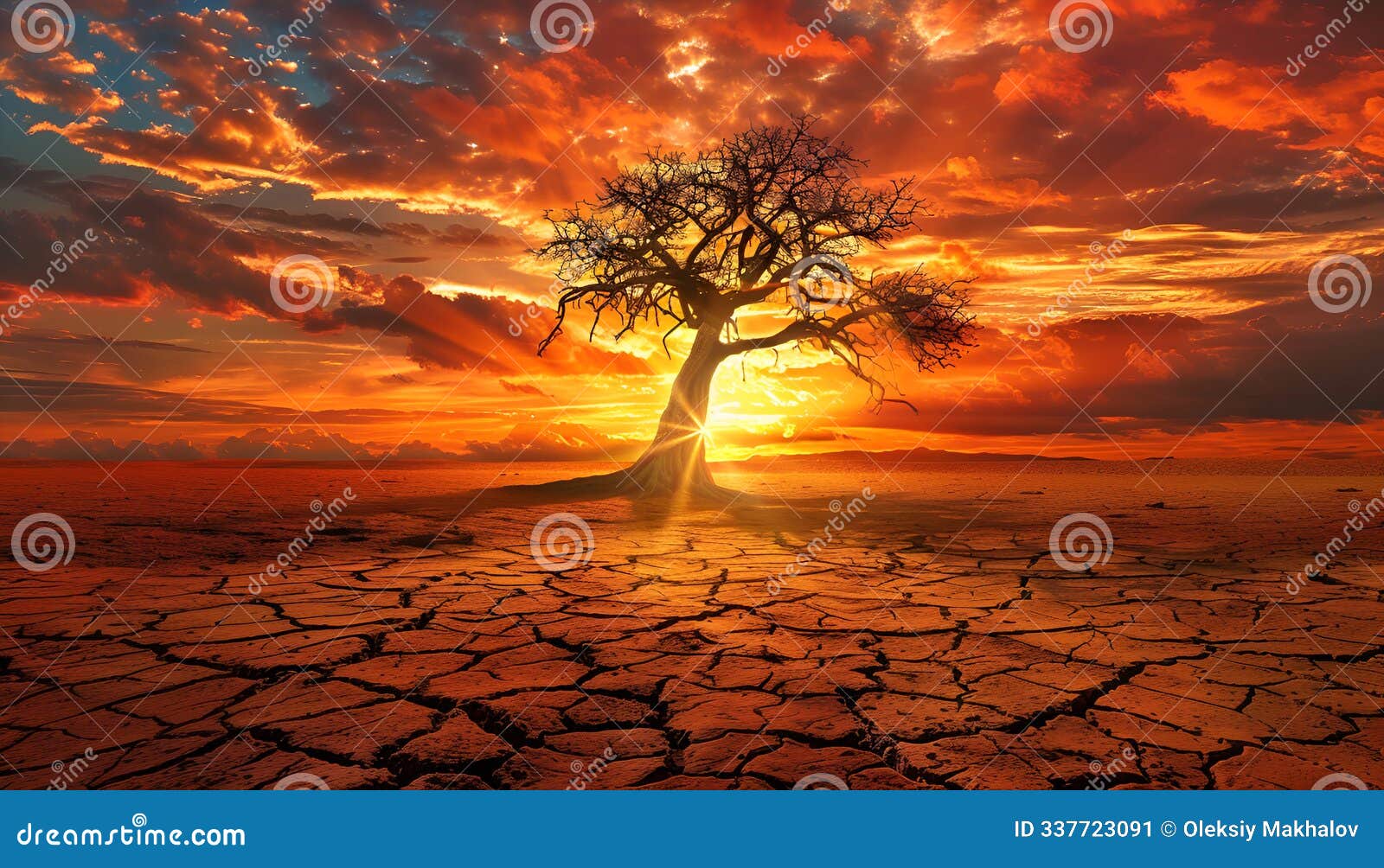 Barren Desert Scene with Cracked Earth, Tree in Sunset Stock ...