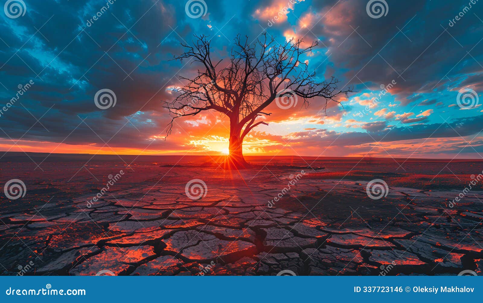 Barren Desert Scene with Cracked Earth, Tree in Sunset Stock ...