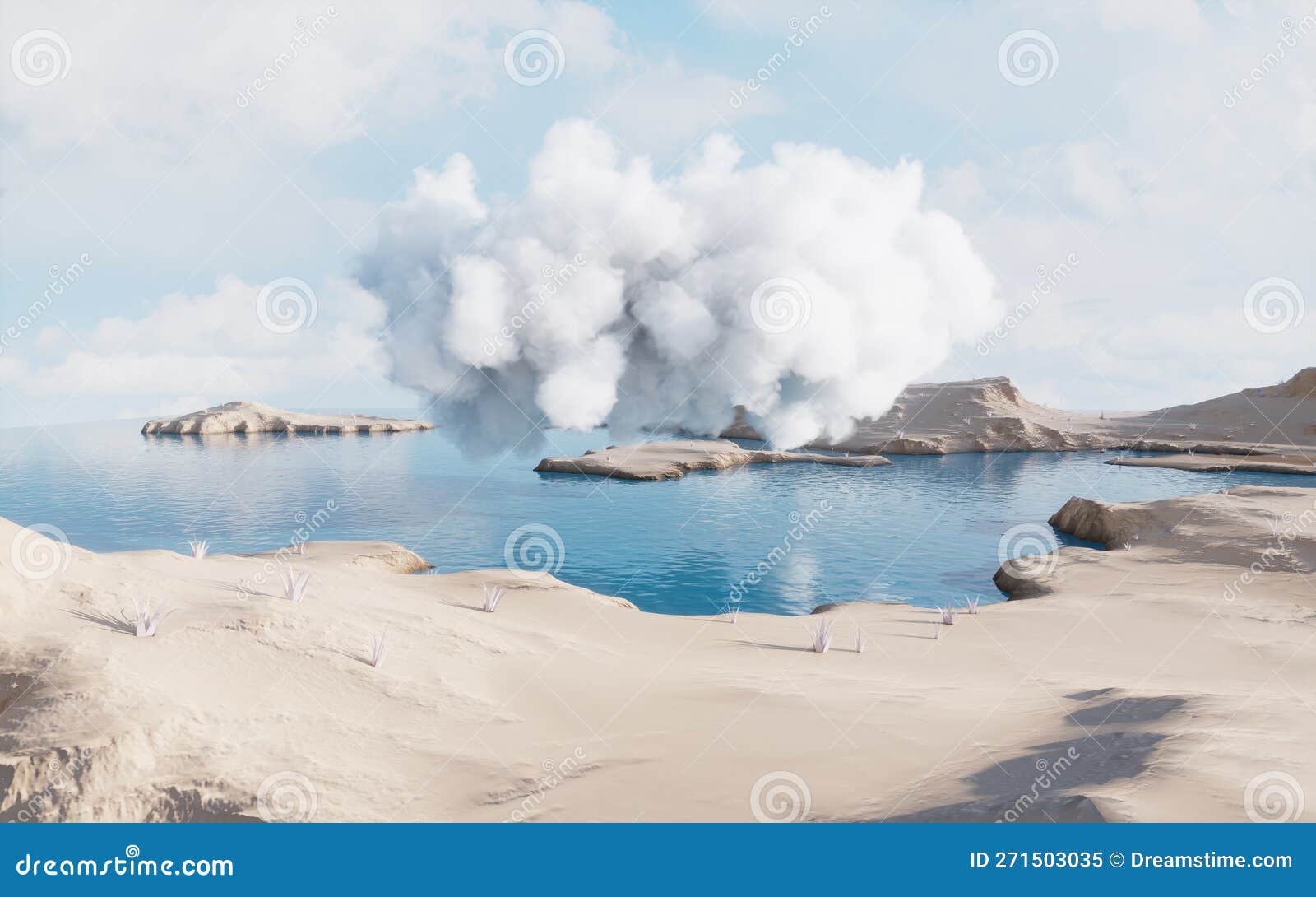 Barren Land and Lakes with Cloud Floating, 3d Rendering Stock ...