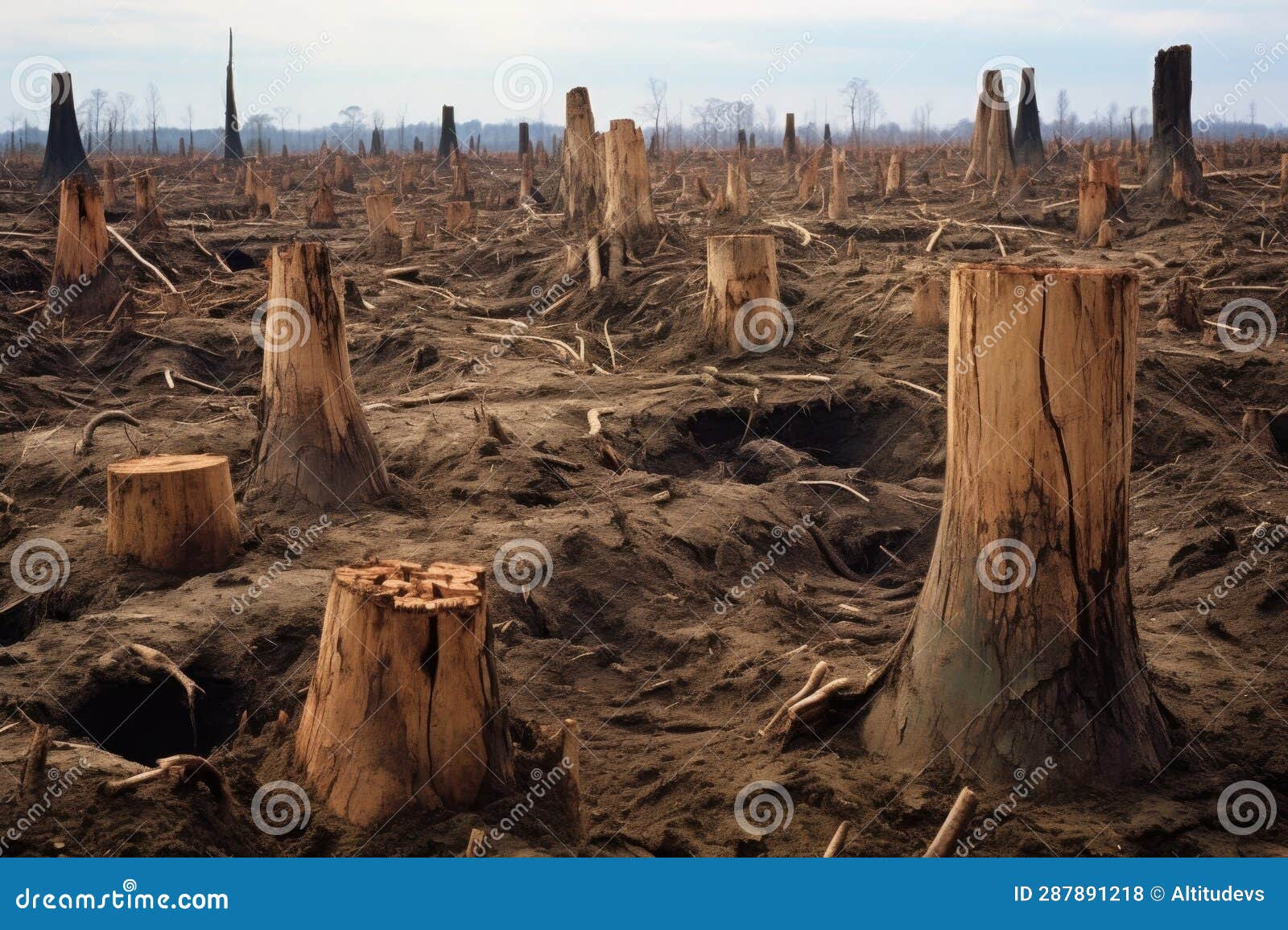 Barren Land with Scattered Tree Stumps after Deforestation Stock Photo ...