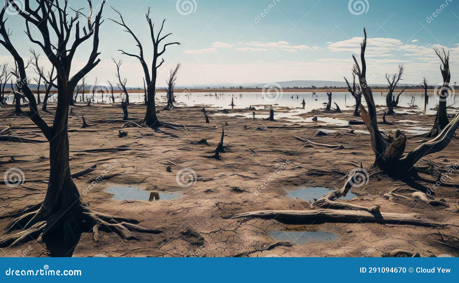 Barren Landscape with Polluted Water and Dead Trees Stock Illustration ...