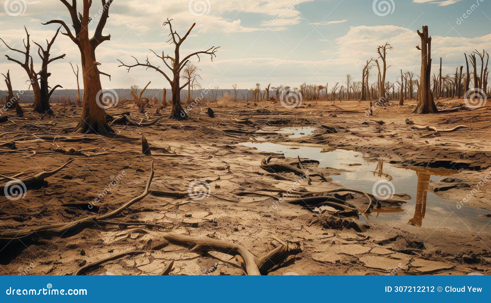 Barren Landscape with Polluted Water and Dead Trees Stock Illustration ...