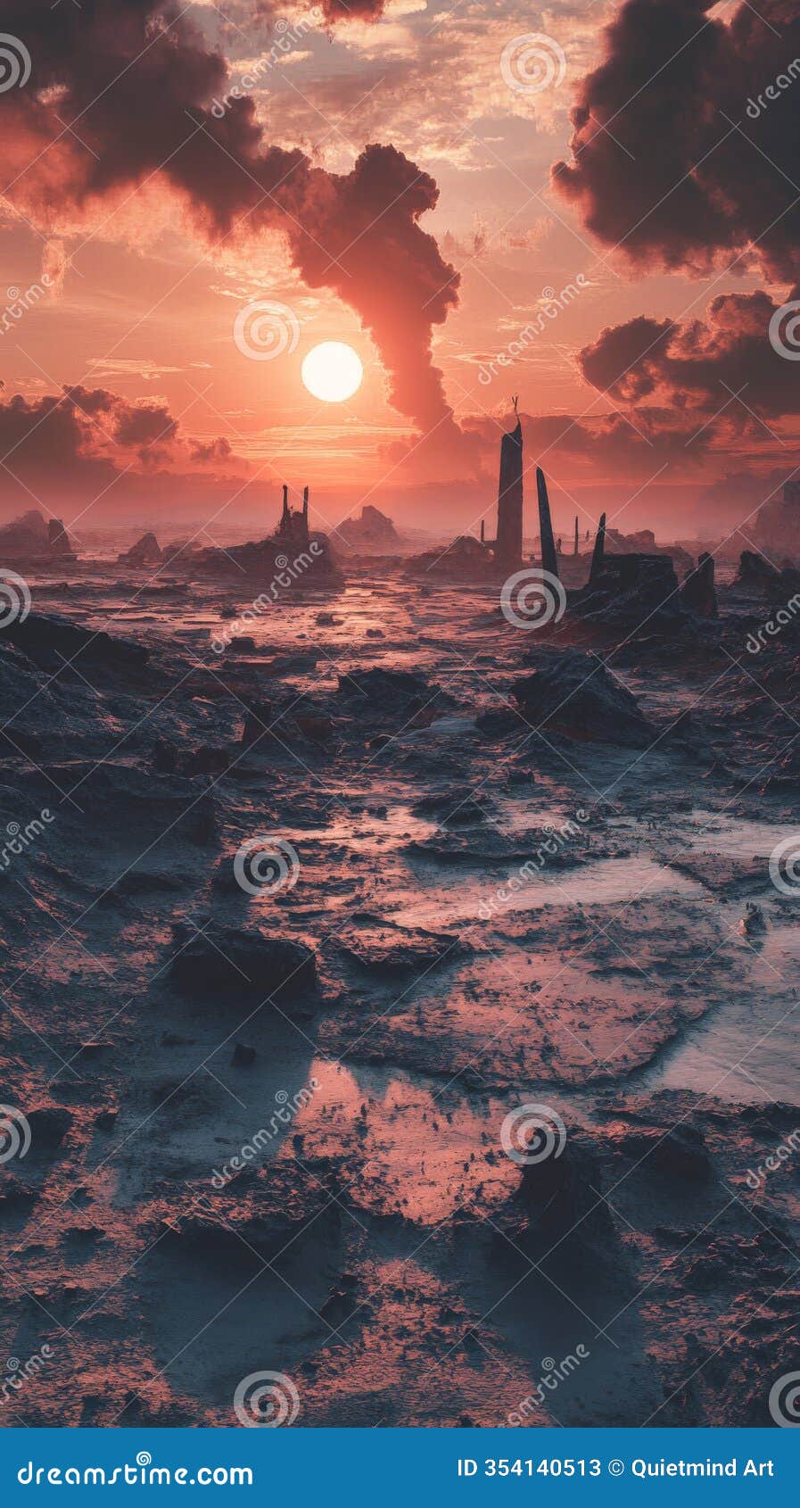 A Barren Post-apocalyptic Landscape at Sunset Depicting Volcanic ...