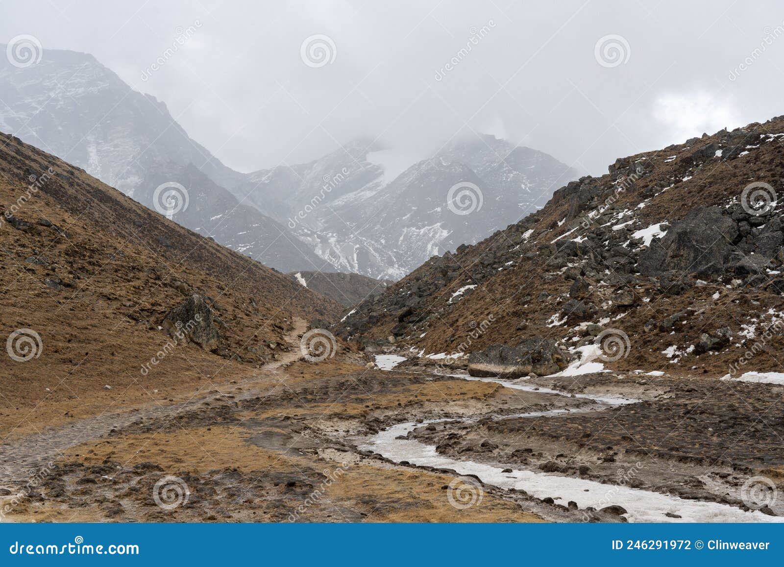 Barren Valley with Snowy Mountains in Background Stock Photo - Image of ...
