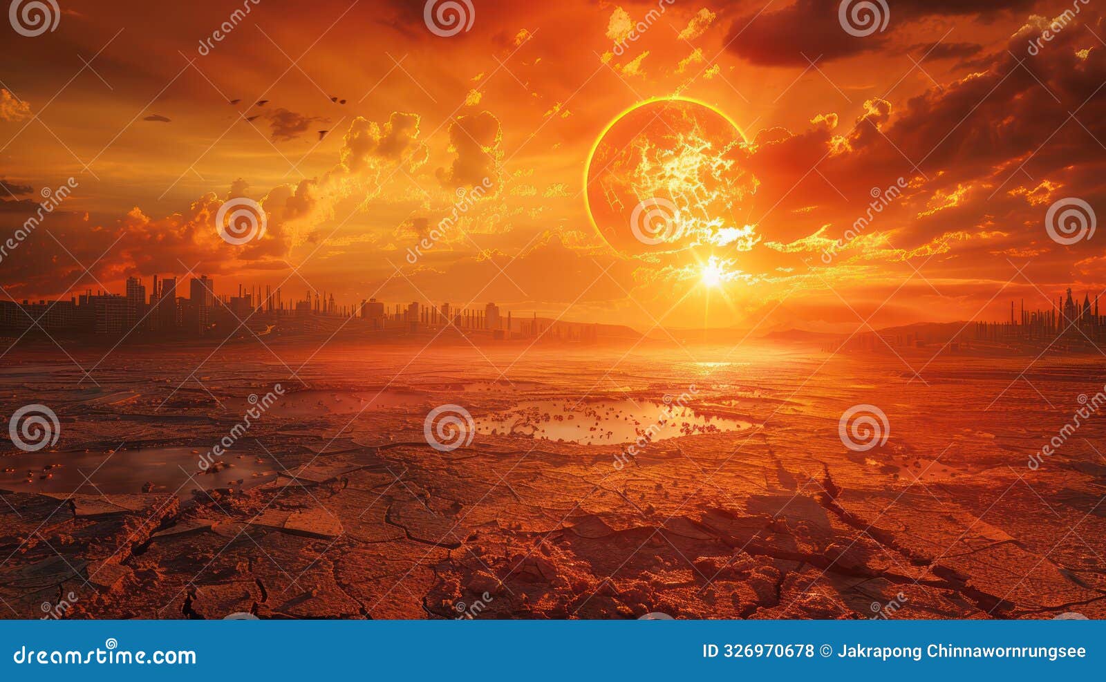 A Barren Wasteland with a Large Red Sun in the Sky Stock Illustration ...