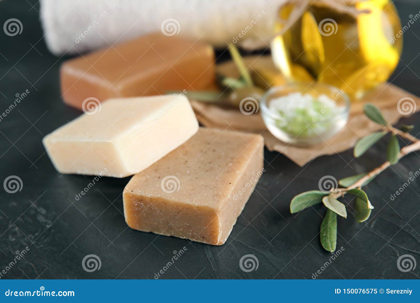 Bars of Natural Soap with Olive Extract on Table Stock Image - Image of ...