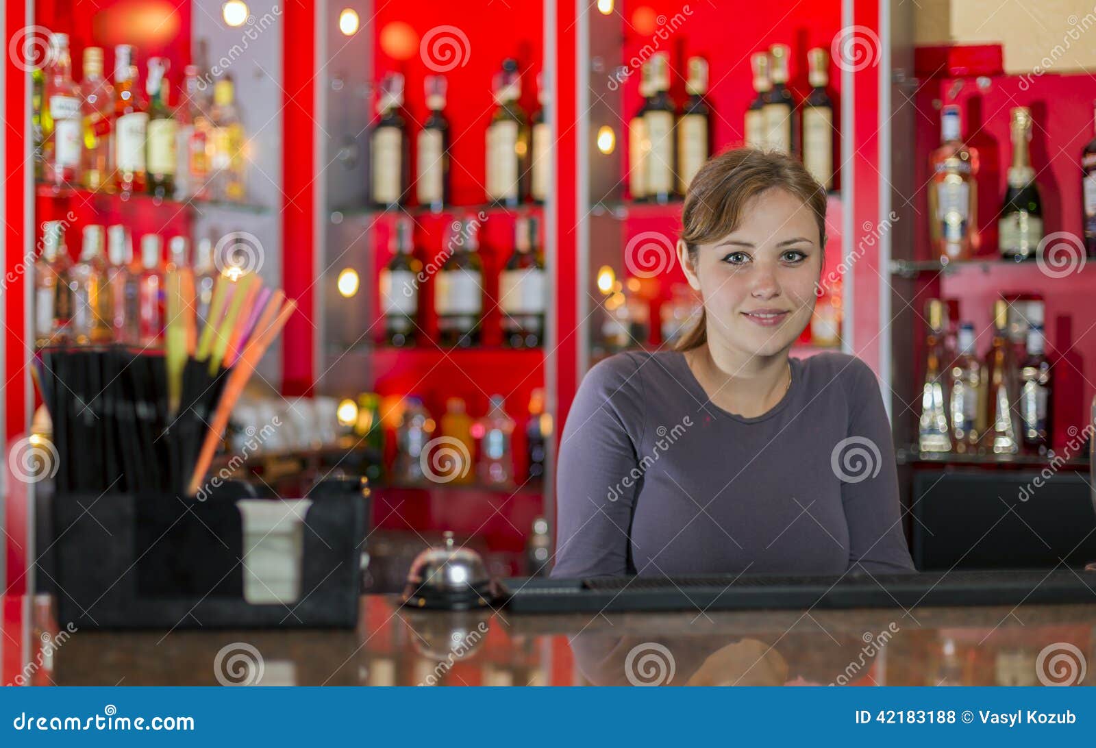 Bartender Girl Behind the Counter Stock Photo - Image of portrait ...