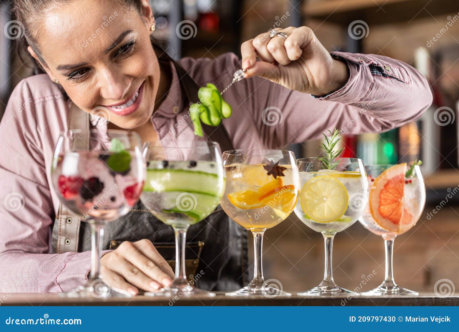 Bartender Makes Summer Refreshing Gin Tonic Cocktails on a Bar Stock ...