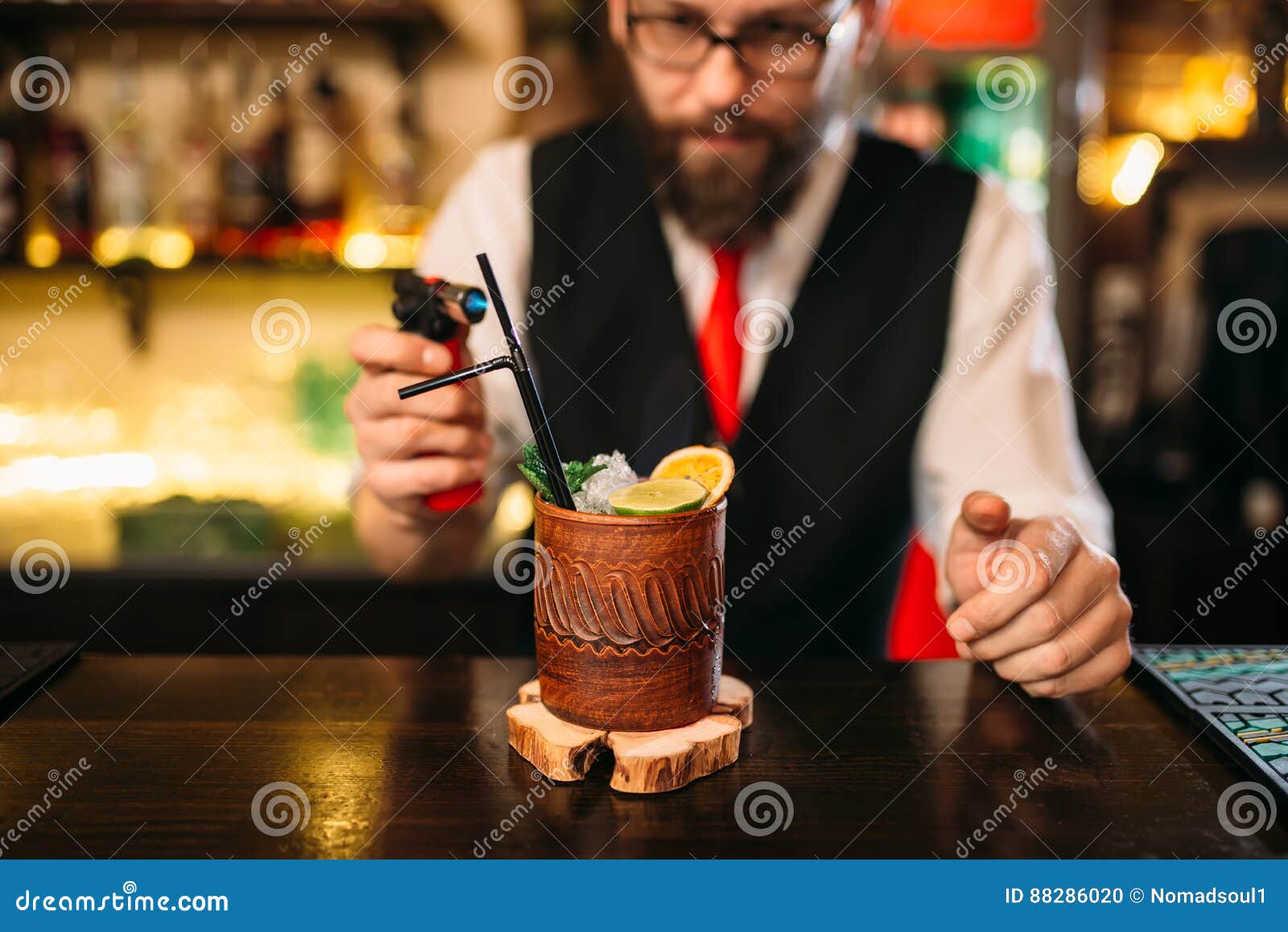 Bartender Making Alcohol Beverage with Gas Burner Stock Photo - Image ...