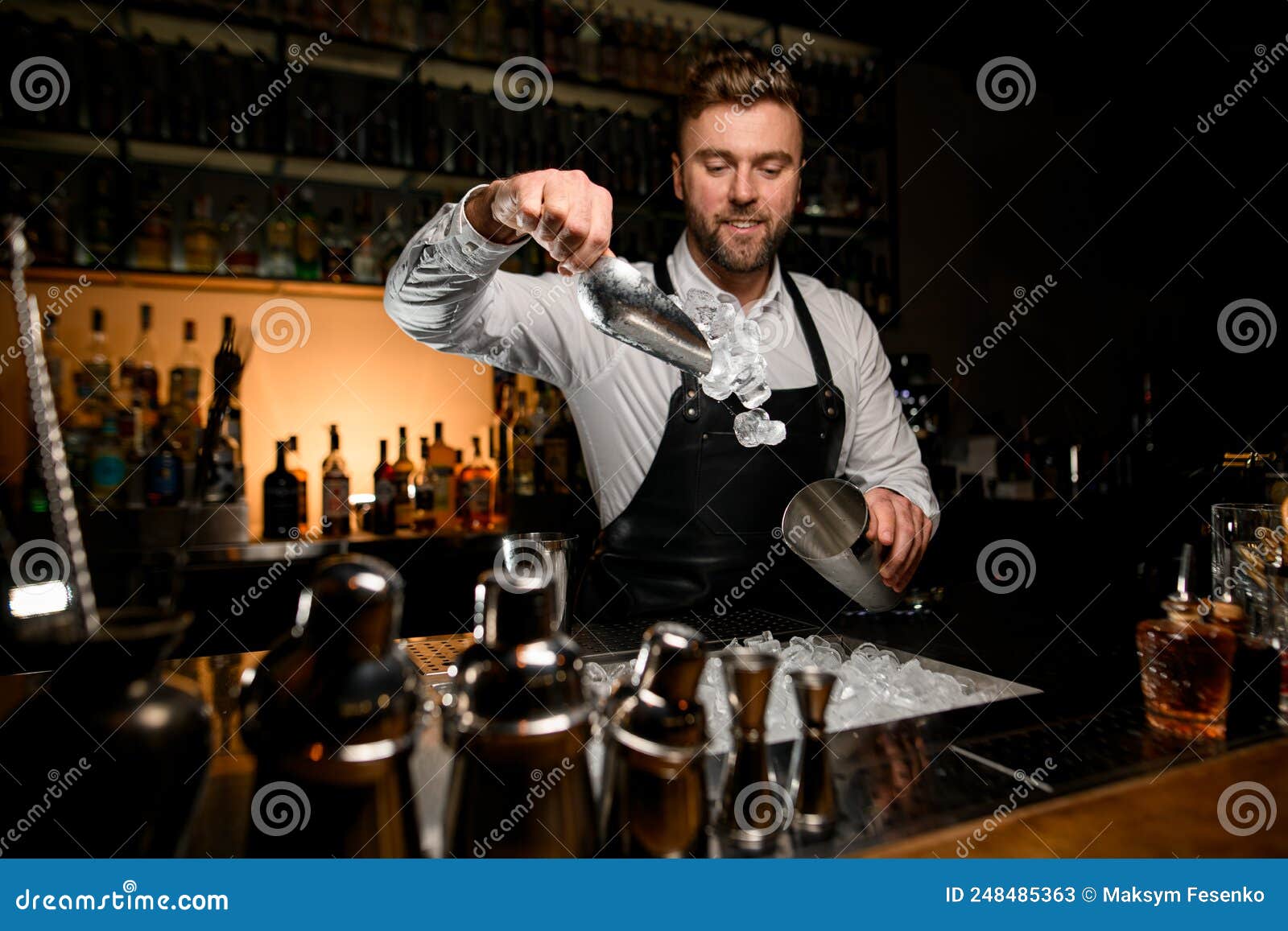 Bartender Masterfully Pours Ice Cubes from Scoop into a Shaker Cup ...