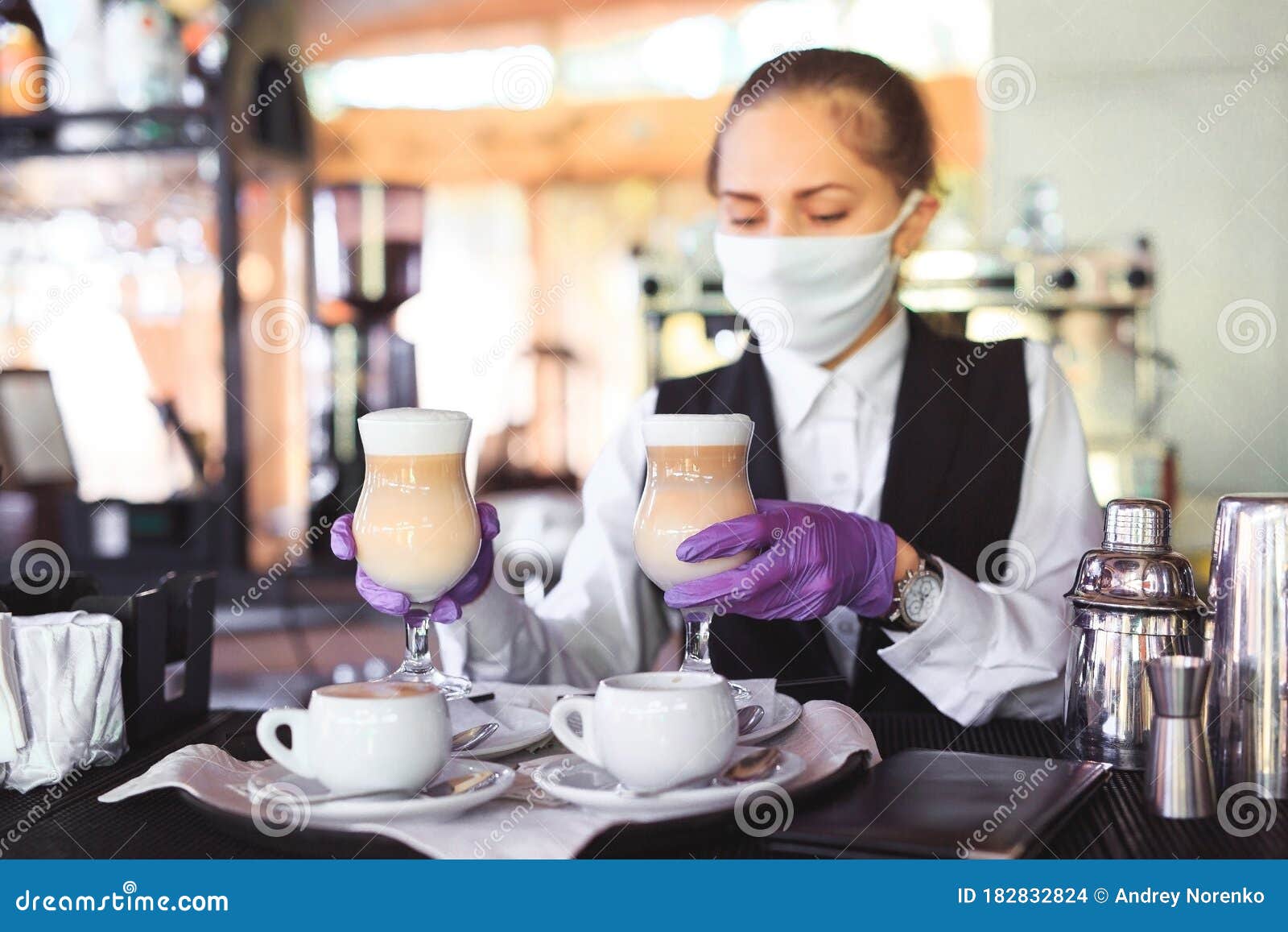 Bartender in Medical Mask and Gloves Makes Latte Coffee Stock Photo ...