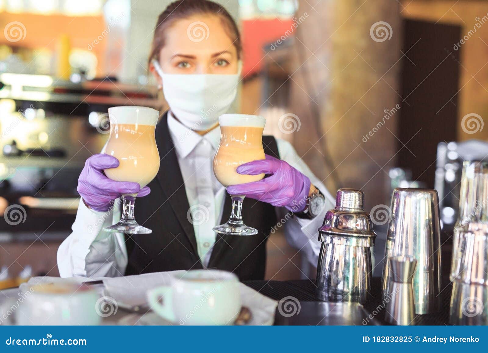 Bartender in Medical Mask and Gloves Makes Latte Coffee Stock Image ...