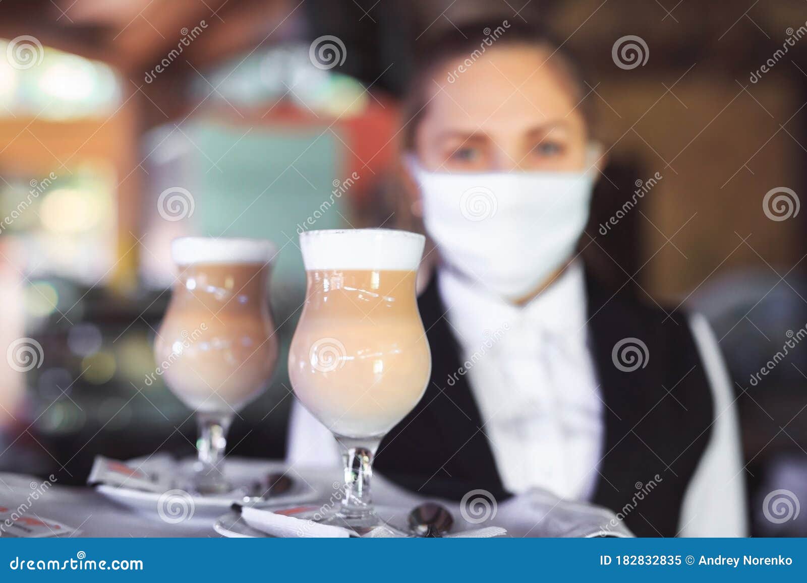 Bartender in Medical Mask and Gloves Makes Latte Coffee Stock Image ...