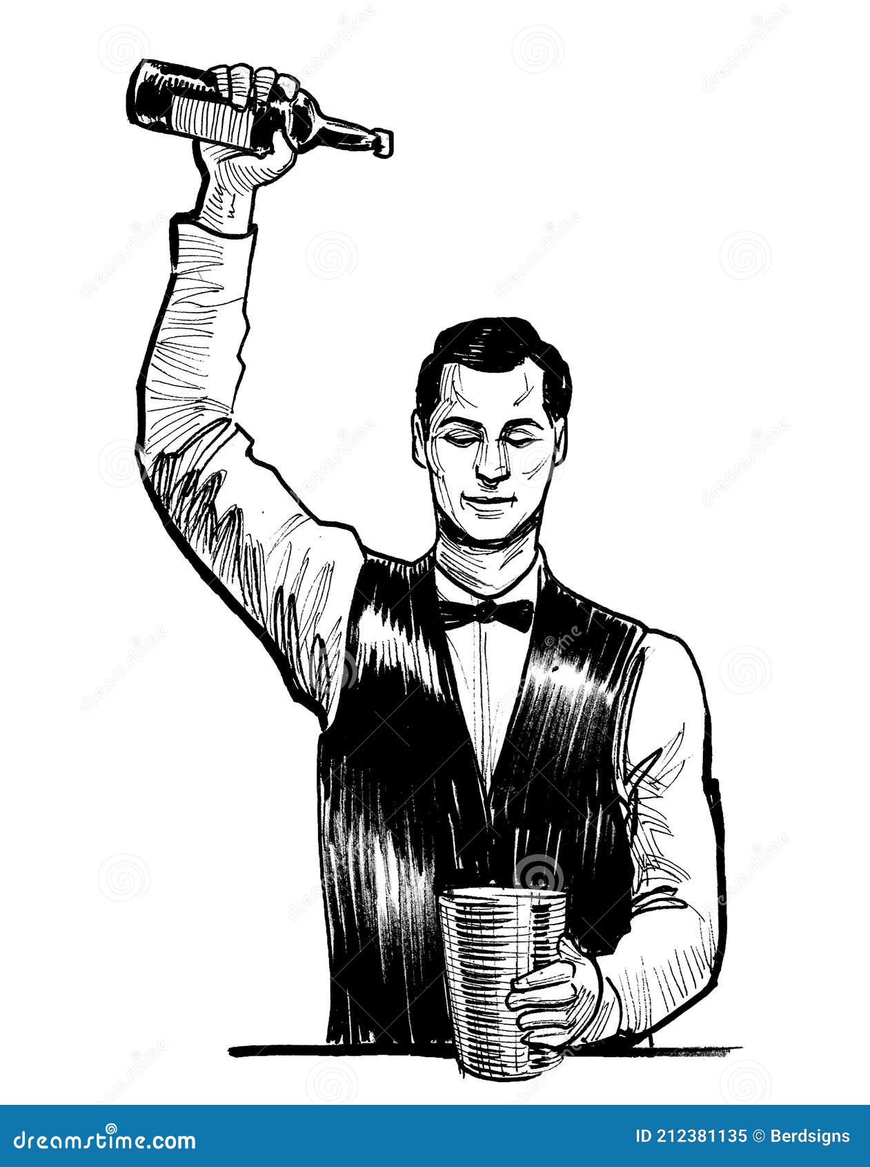 Barman Mixing Cocktail, Bottles On A Backdrop, Sketch Cartoon Vector ...