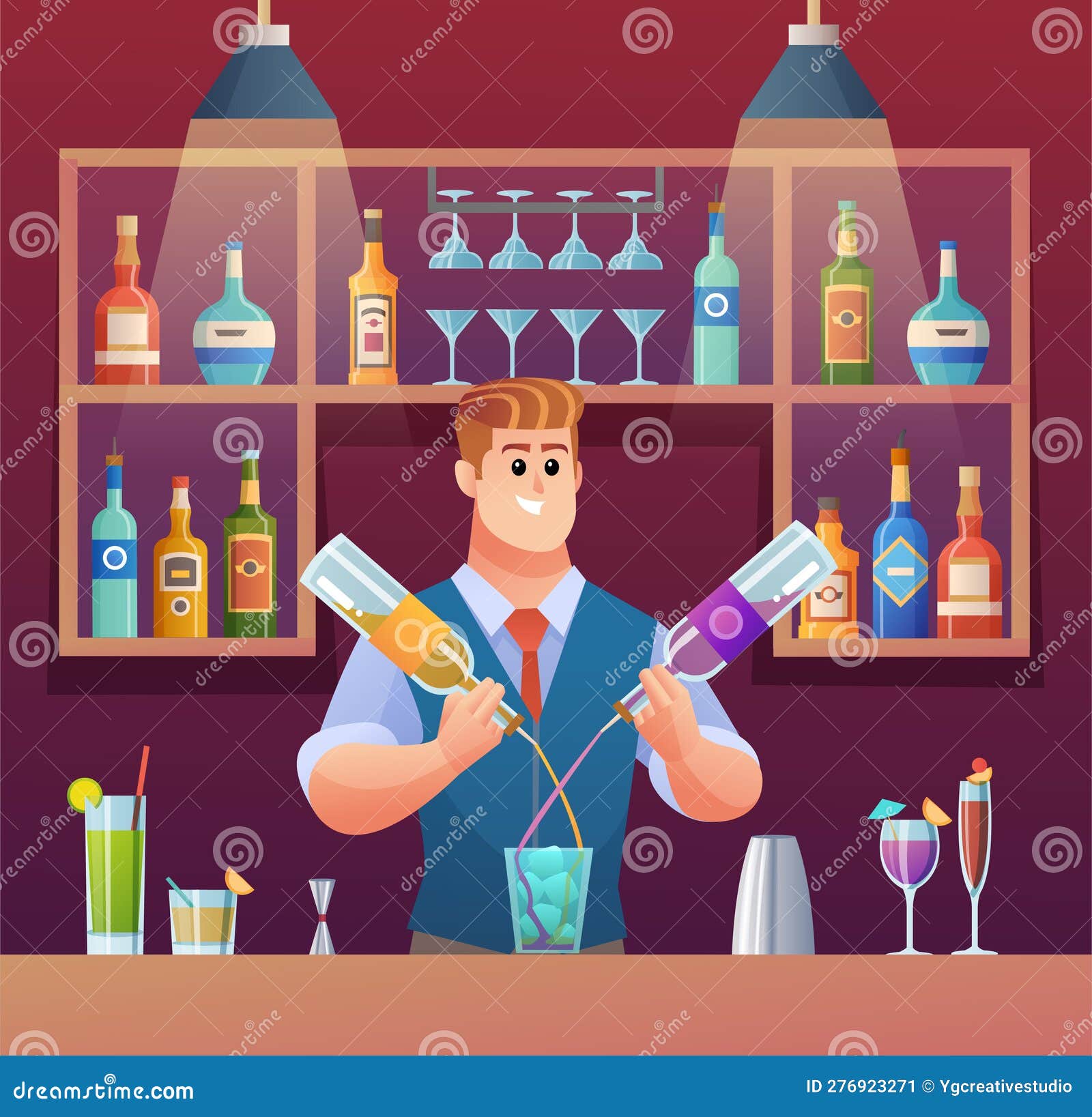 Bartender Mixing Drinks at Bar Counter Stock Vector - Illustration of ...