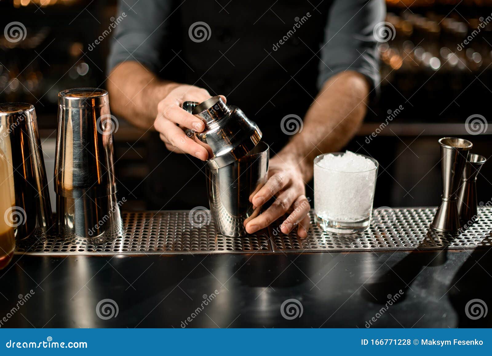 Bartender Opens Up Shaker on Bar Counter Stock Photo - Image of glass ...