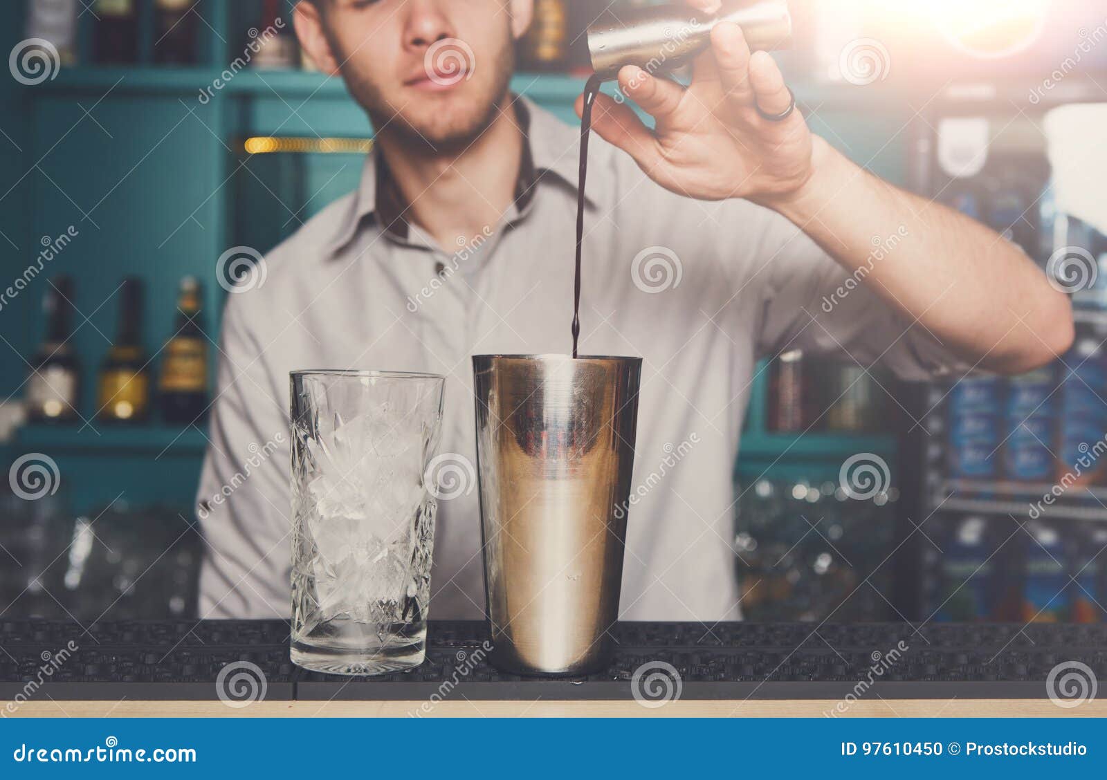 Bartender Pouring Syrup into Shaker Stock Photo - Image of profession ...