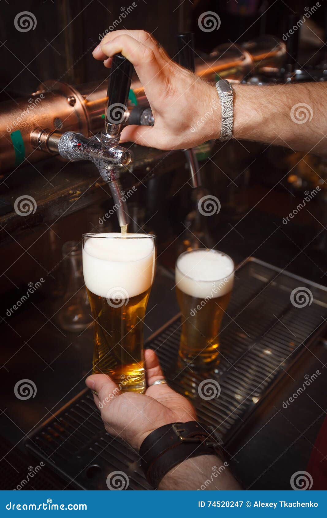 The Bartender Pours a Beer in Glass Stock Image - Image of looking ...