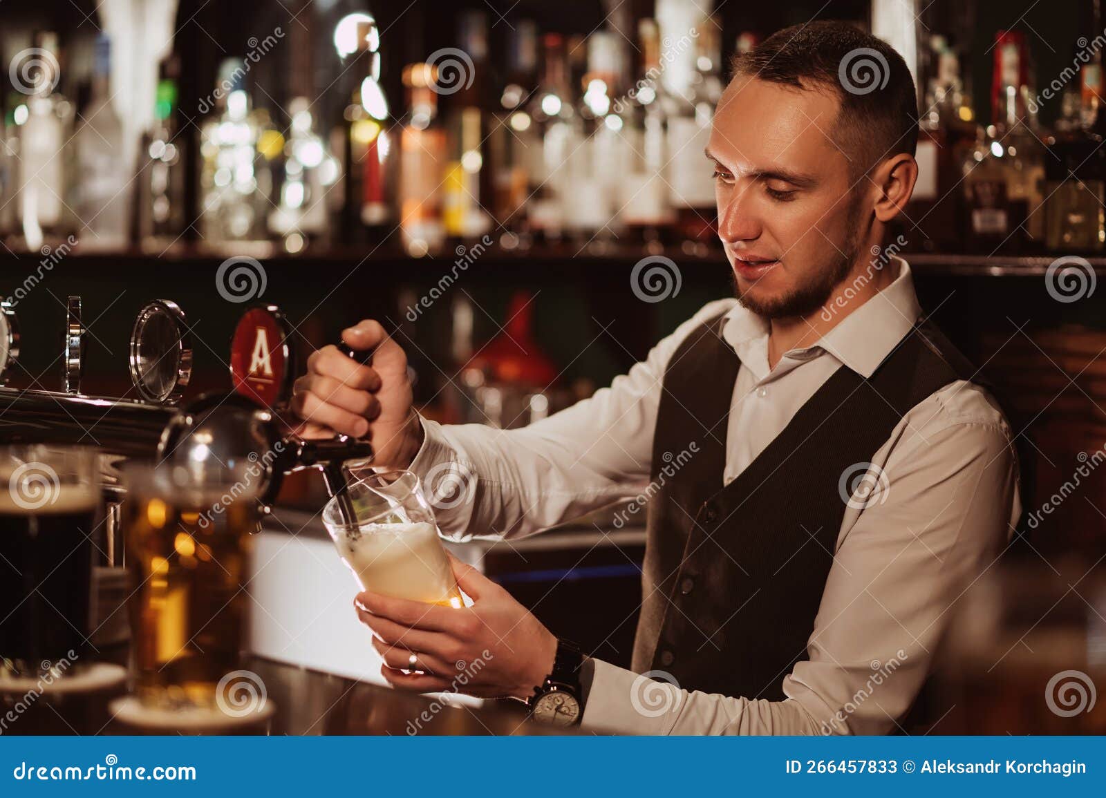 Bartender Pours Draft Beer into a Glass from the Tap Behind the Bar ...