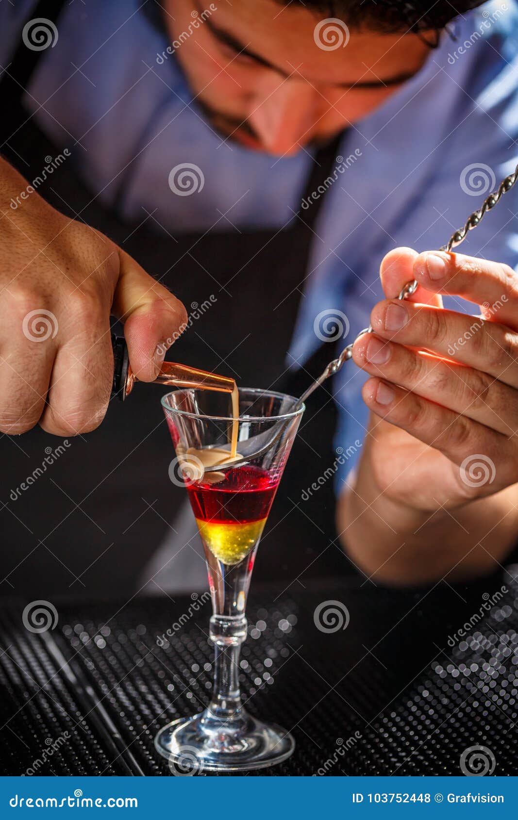 Bartender is Preparing a Layered Cocktail Stock Photo - Image of layer ...