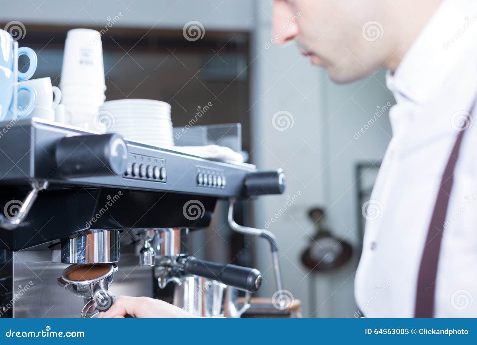 Bartender Puts the Holder in Coffee Machine Stock Image - Image of ...