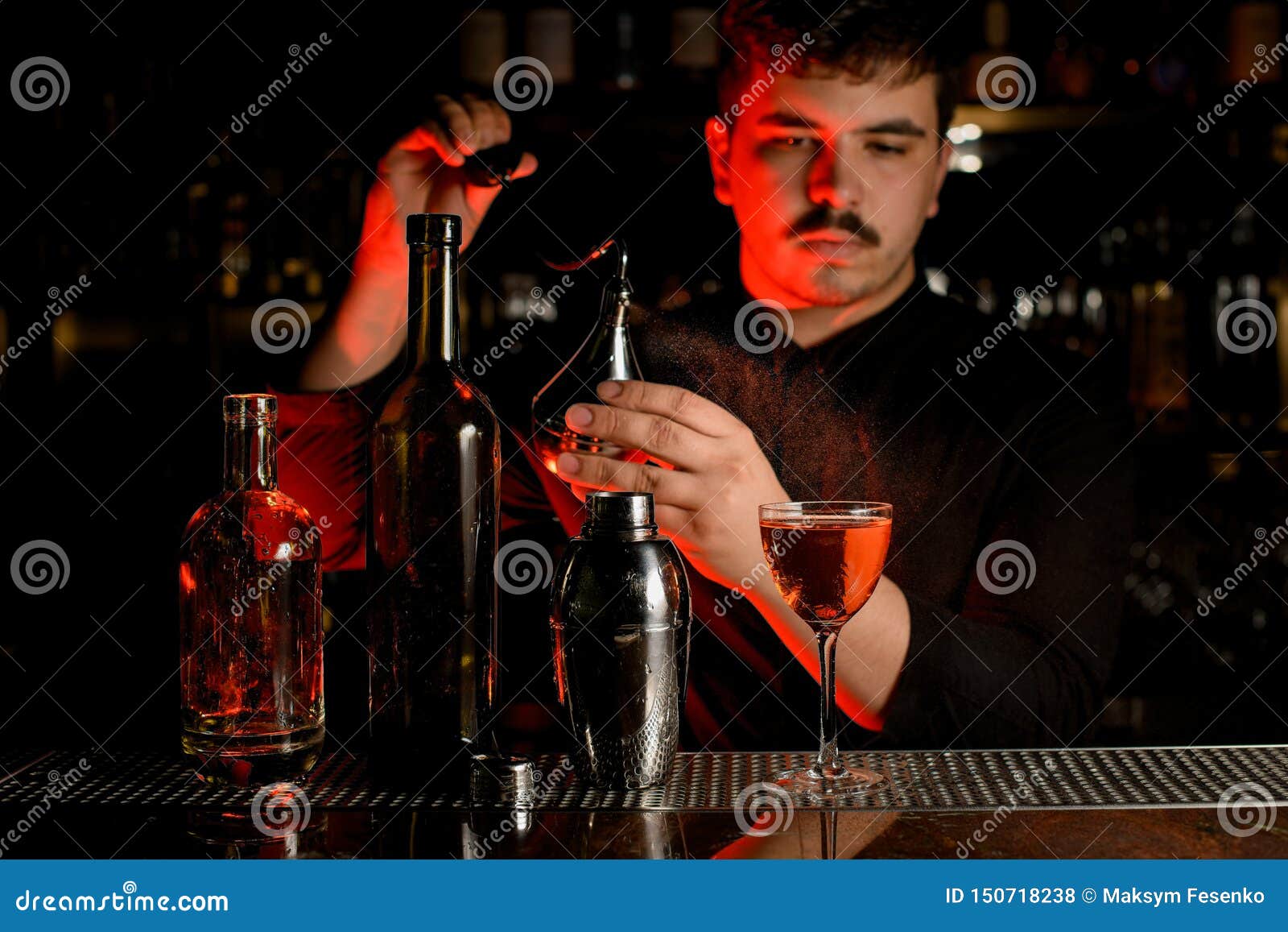 Bartender Spraying from the Diffuser on the Delicious Cocktail in the ...