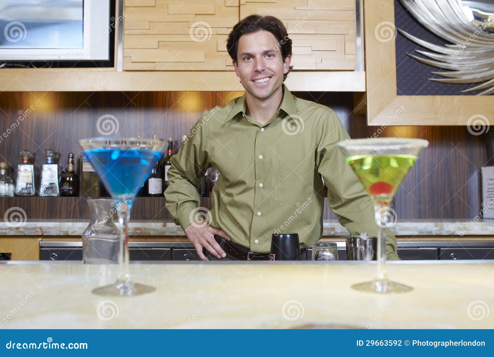 Bartender Standing Behind Bar Counter Stock Photo - Image of people ...