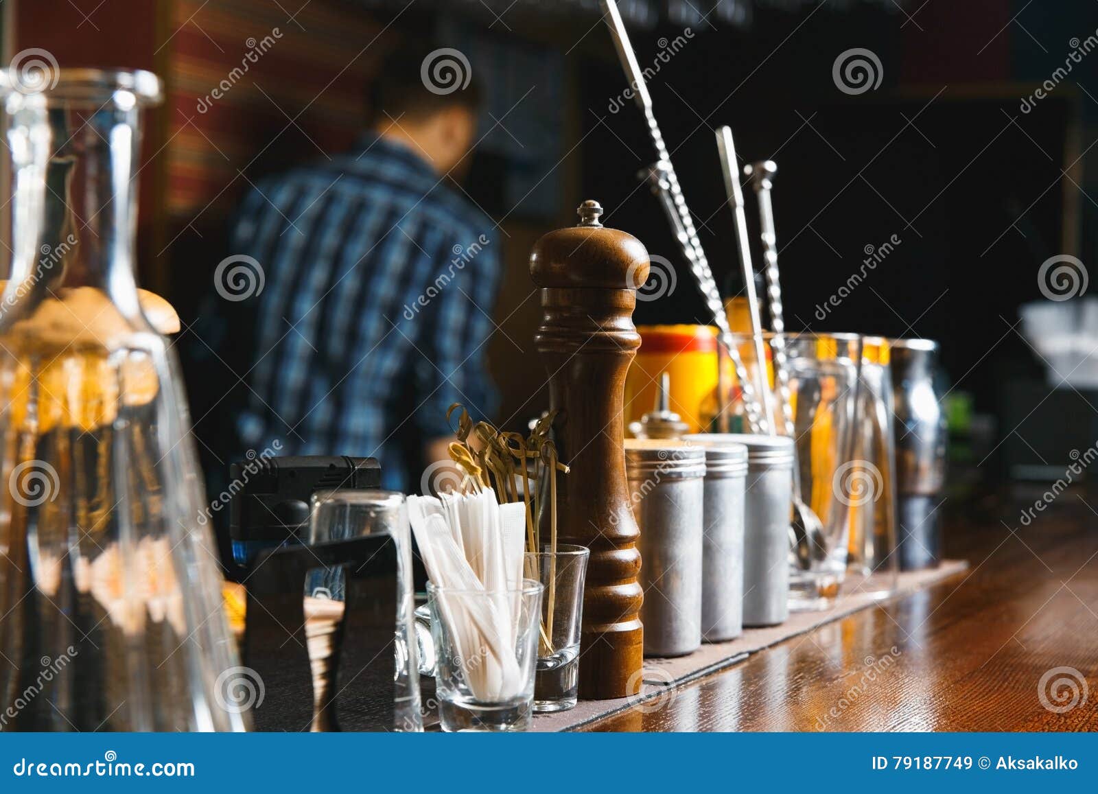 Bartender tools on bar stock image. Image of silver, restaurant - 79187749