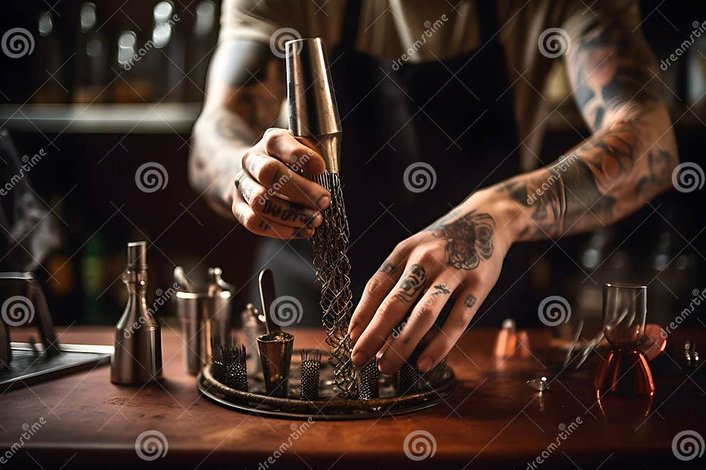 A Bartender Using Specialized Tools, Such As Muddlers and Strainers, To ...