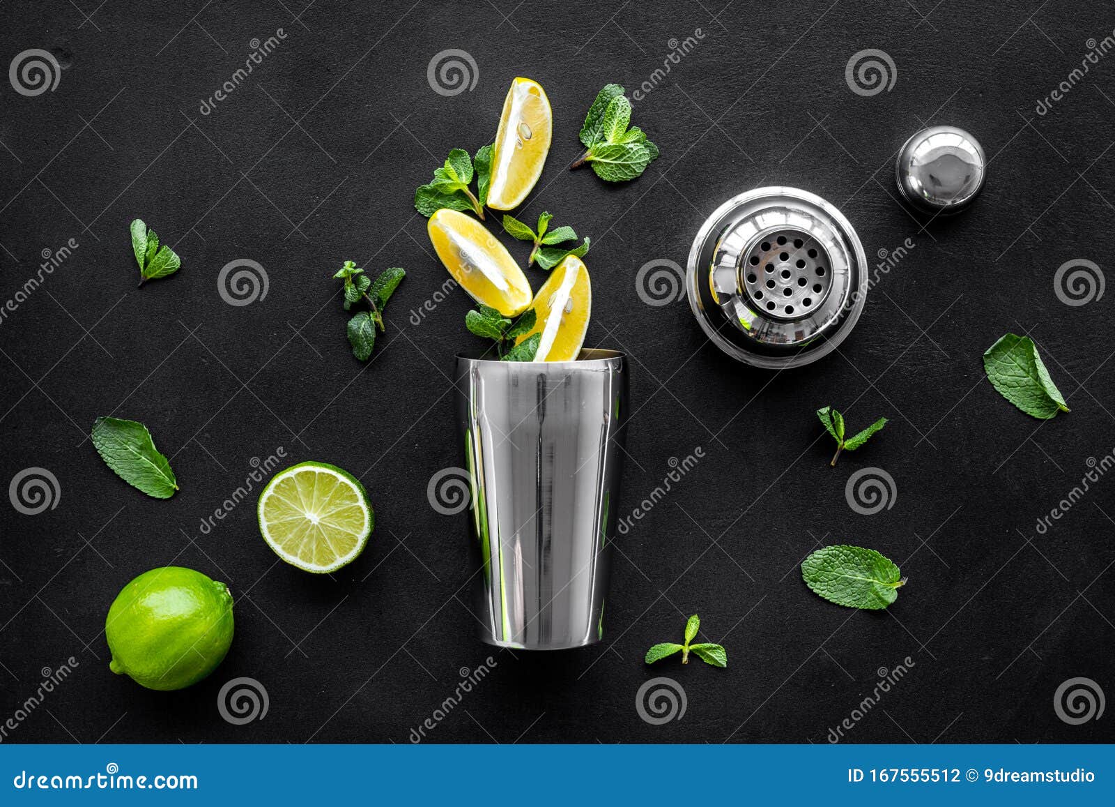Bartender Work Desk with Equipment and Cocktail Ingredietns Shaker ...