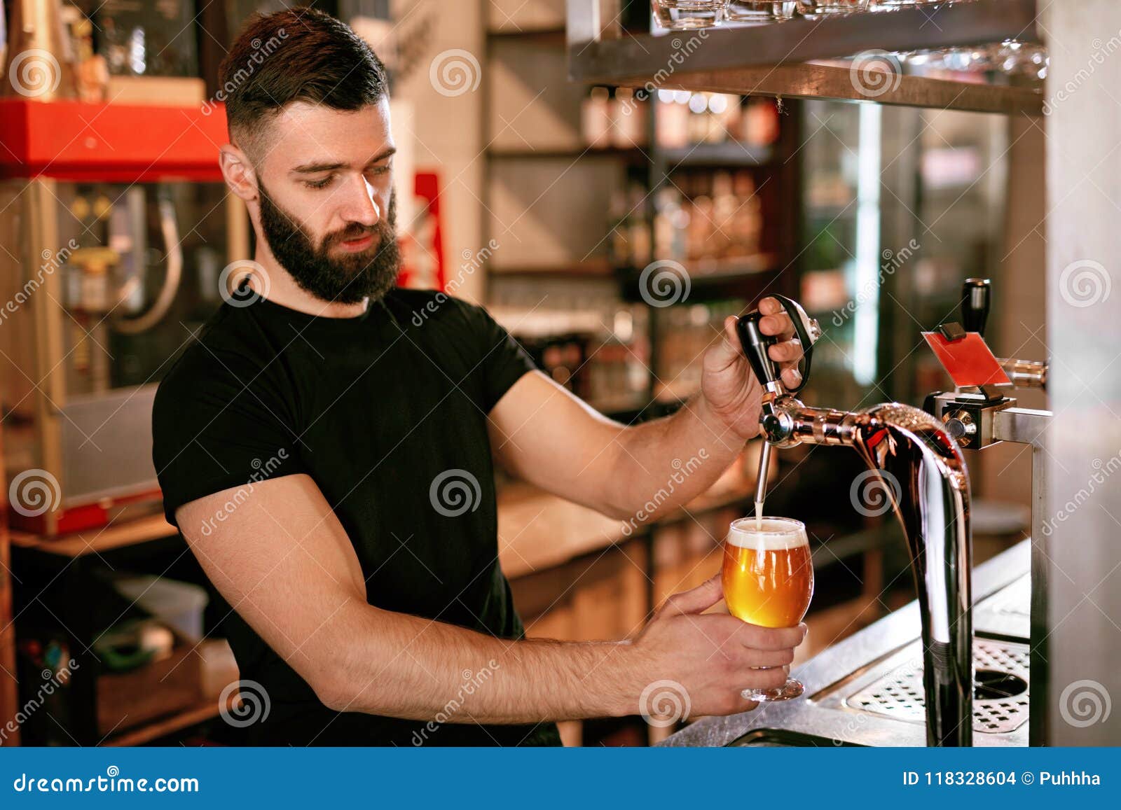 Bartender Working at Bar Pub Pouring Beer in Glass Stock Photo - Image ...