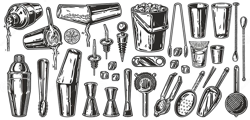 Bartending Set with Cocktail Shaker, Muddler and Jigger. Chromed Metal ...