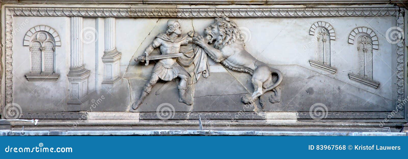 Bas Relief of Roman Warrior Fighting a Lion Stock Photo - Image of ...