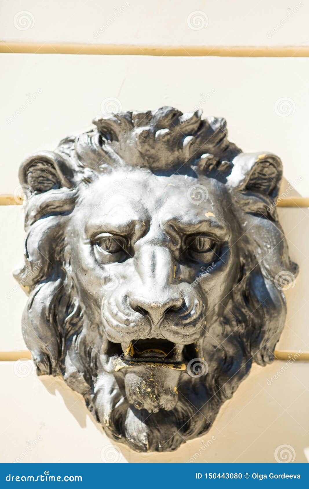 Bas-relief on the Wall of Light Concrete with a Lion`s Head Editorial ...