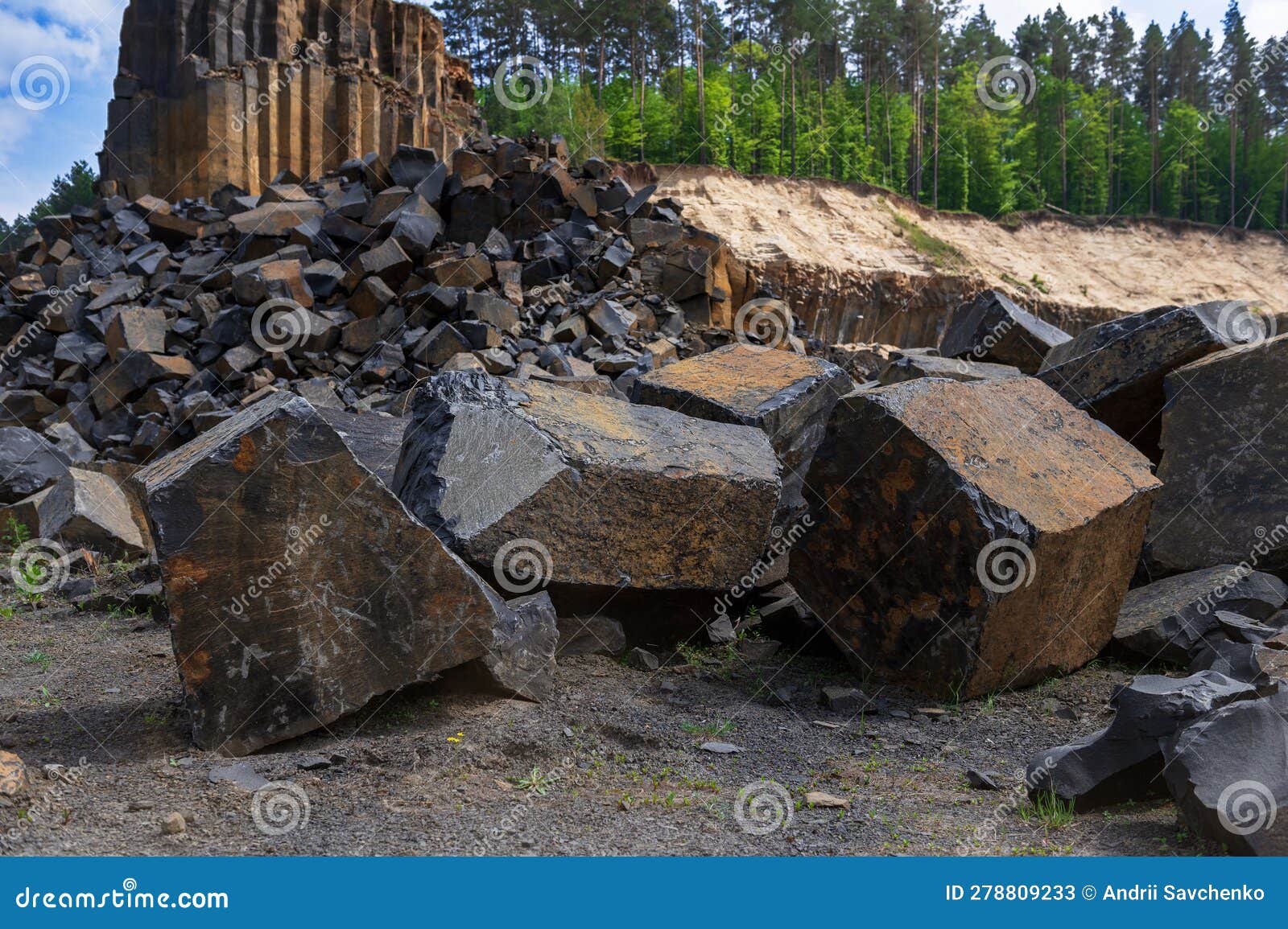 Basalt Stones in a Quarry. Columnar Basalt Quarry in Summer Stock Image ...