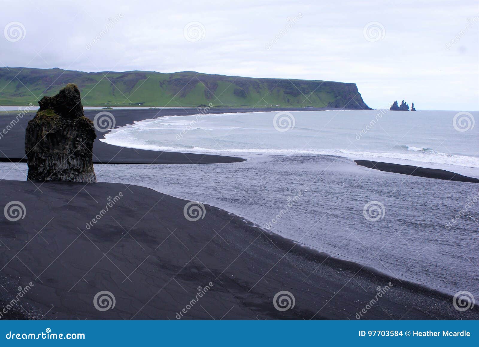 Basalt Tower on Black Beach Stock Photo - Image of cliff, mountains ...