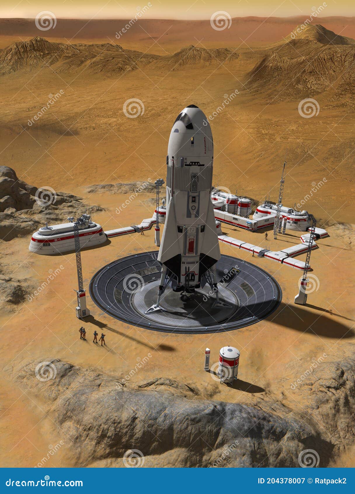 Base on Planet Mars with a Rocket Launch Pad Stock Illustration ...